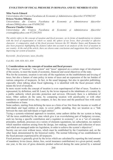 EVOLUTION OF FISCAL PRESSURE IN ROMANIA AND EU ...
