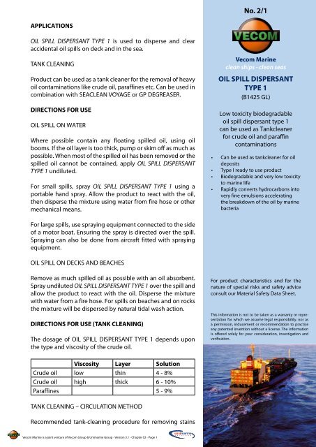 OIL SPILL DISPERSANT TYPE 1 No. 2/1 - Vecom Group