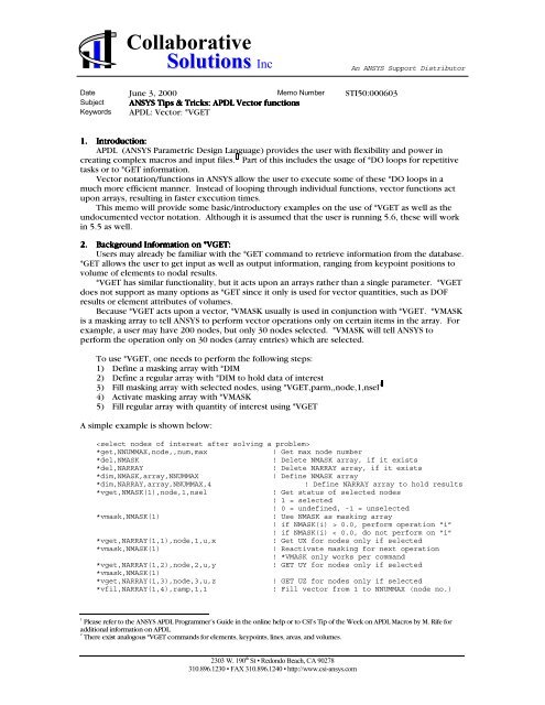ANSYS Tips & Tricks: APDL Vector functions - ANSYS Users ANSYS Tips & Tricks: APDL Vector functions - ANSYS Users