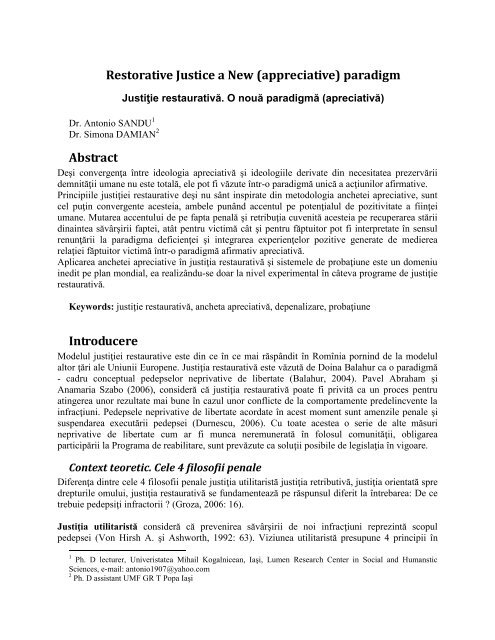 Restorative Justice a New (appreciative) paradigm ... - Antonio Sandu
