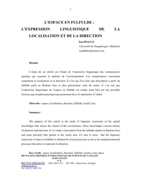 L'espace en fulfulde : l'expression linguistique de la localisation et ...
