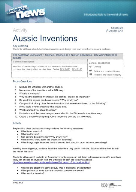 Aussie Inventions activity - ABC