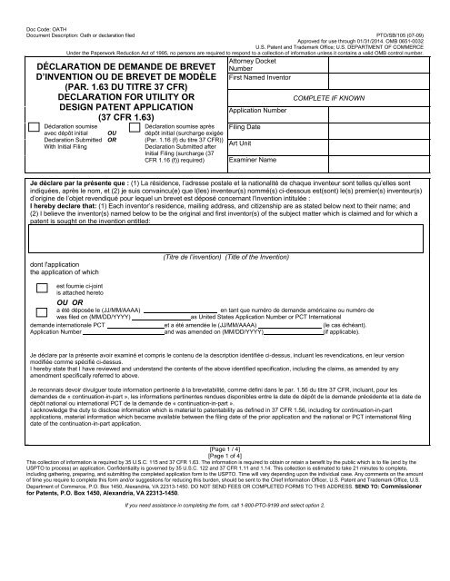 DÉCLARATION DE DEMANDE DE BREVET D'INVENTION OU DE ...