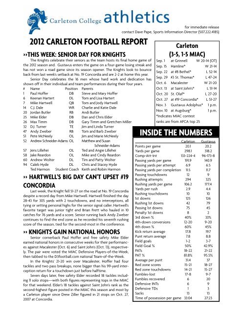 2012 carleton football report inside the numbers - Carleton College