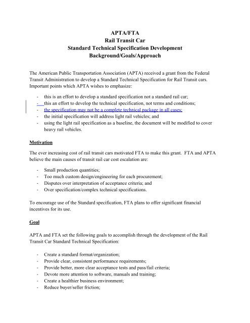 APTA/FTA Rail Transit Car Standard Technical Specification ...