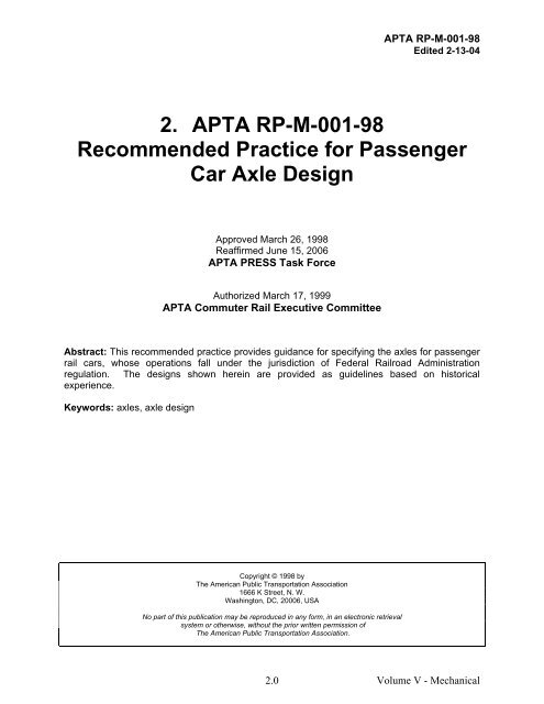 APTA RP-M-001-98, Recommended Practice for - APTAStandards ...