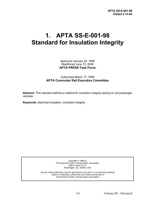 APTA SS-E-001-98 Standard for Insulation Integrity