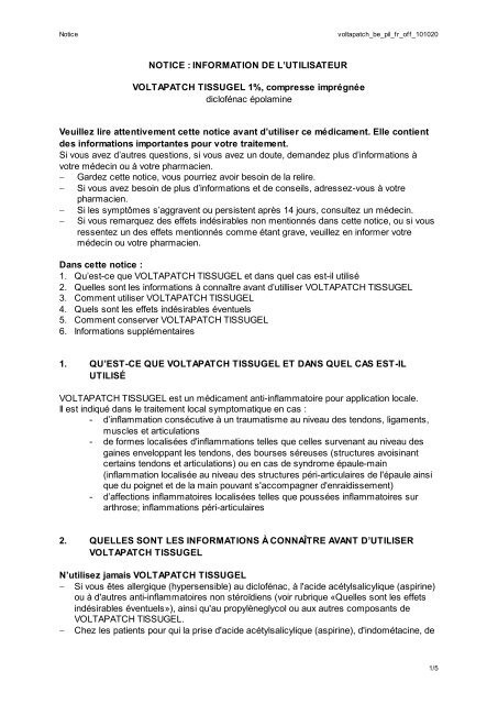 INFORMATION DE L'UTILISATEUR VOLTAPATCH TISSUGEL 1 ...
