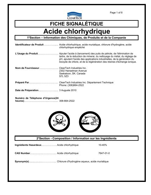 FICHE SIGNALÉTIQUE Acide chlorhydrique