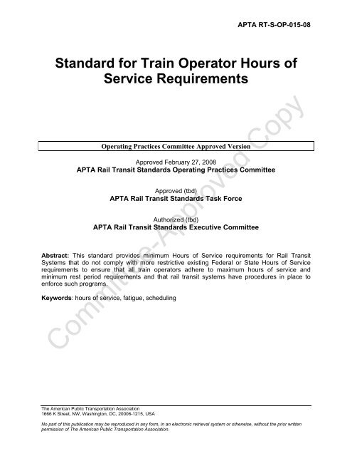 Standard for Train Operator Hours of Service Requirements
