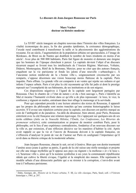 Le discours de Jean-Jacques Rousseau sur Paris - La Ville mal aimée