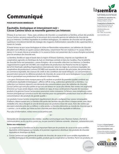 Cocoa Camino lance sa nouvelle gamme Los Intensos - La Siembra