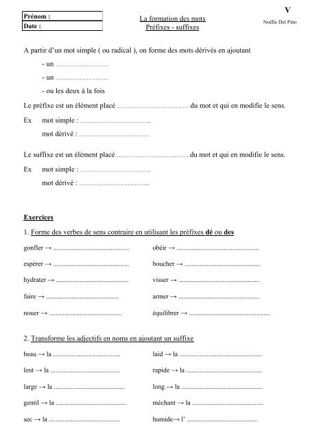 La formation des mots : préfixes et suffixes (leçon+ ... - Nono l'instit