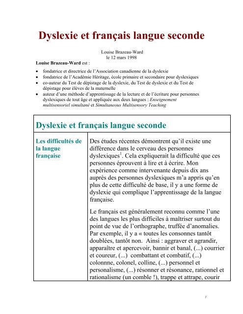 Dyslexie et français langue seconde - Canadian Dyslexia Association