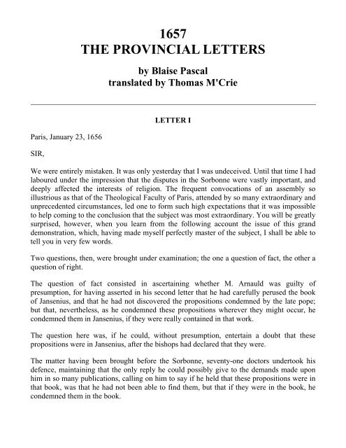 1657 THE PROVINCIAL LETTERS by Blaise Pascal ... - Arctic Beacon
