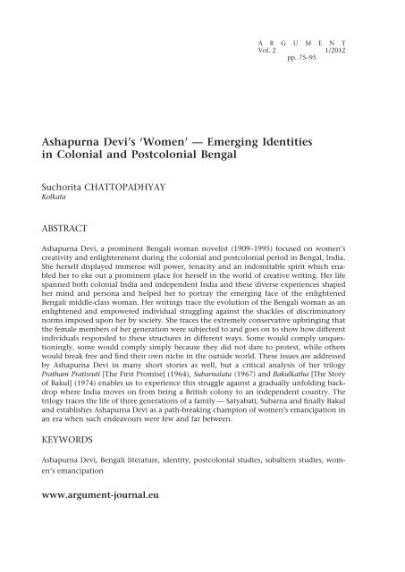 Ashapurna Devi's 'Women' ? Emerging Identities in ... - Argument