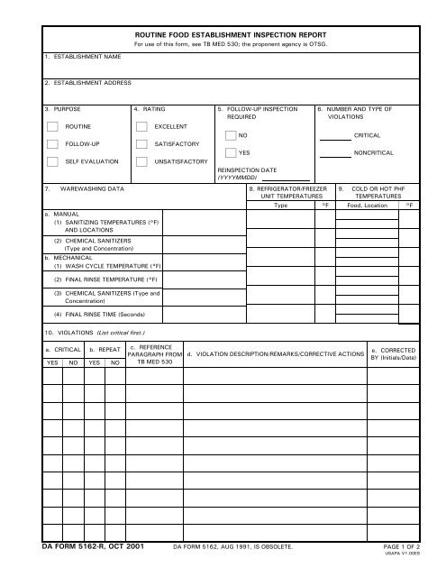 routine food establishment inspection report da form 5162-r, oct 2001