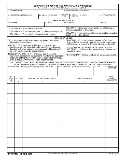 DA FORM 2404, FEB 2011 - Page 1 of 2