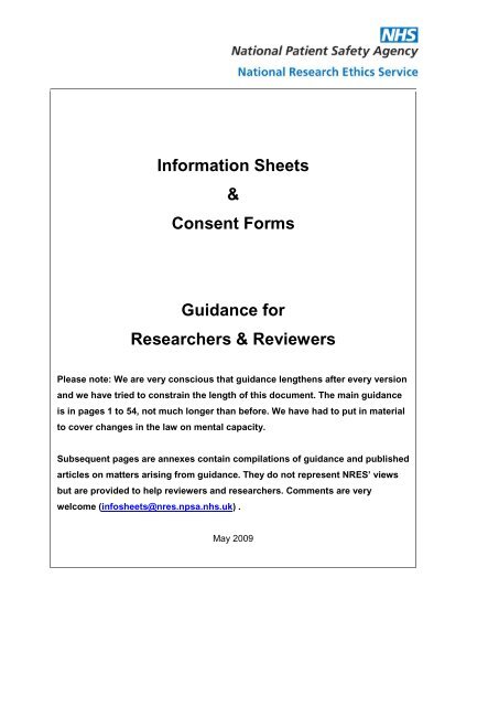 NHS Guidance for Information Sheets and Consent Forms