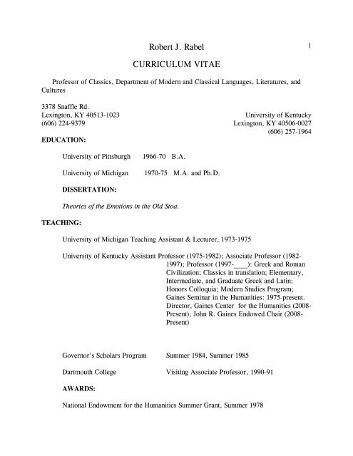CURRICULUM VITAE - University of Kentucky