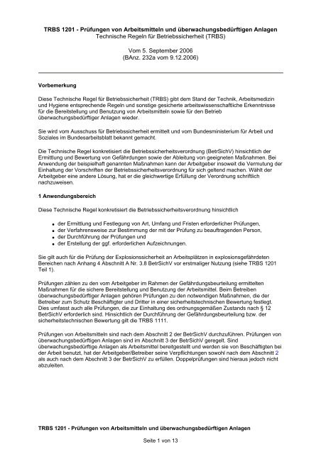 TRBS 1201 - Prüfungen von Arbeitsmitteln und ...