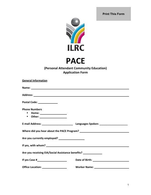 PACE application form. - Independent Living Resource Centre