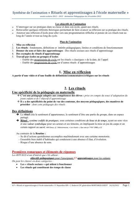 LES RITUELS À L 'ÉCOLE MATERNELLE Quelle progressivité pour