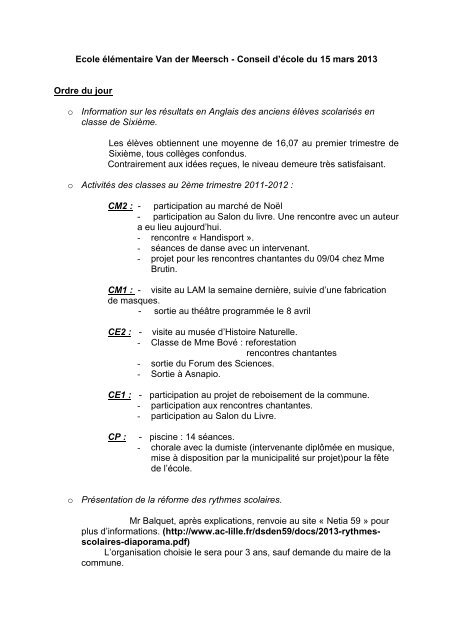 REFORME SUR LES RYTHMES SCOLAIRES Compte rendu de la réunion du 04/06/2013