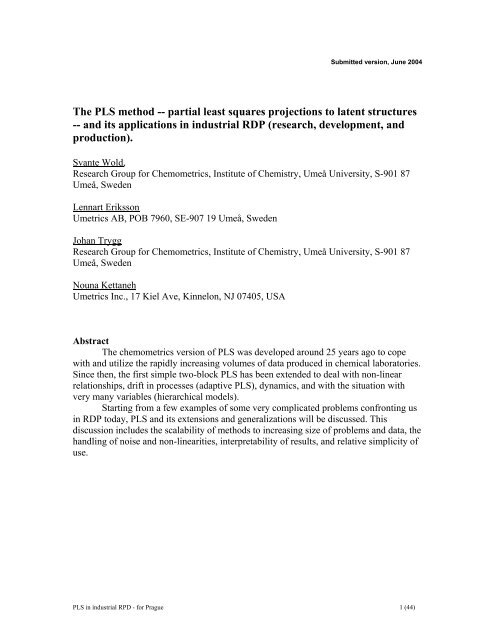The PLS method -- partial least squares projections to ... - Automatica