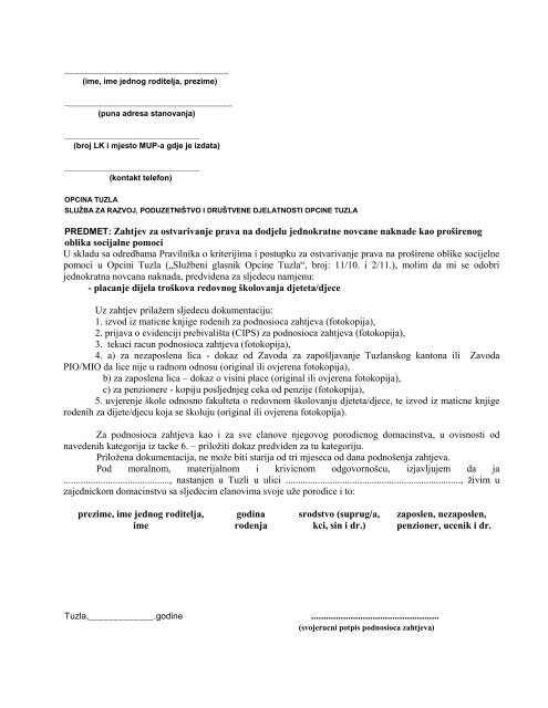 PREDMET: Zahtjev za ostvarivanje prava na dodjelu jednokratne ...