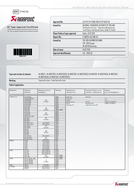 EC Type-Approval Certificate Approval No.: e24*97/24*2009/108/9 ...