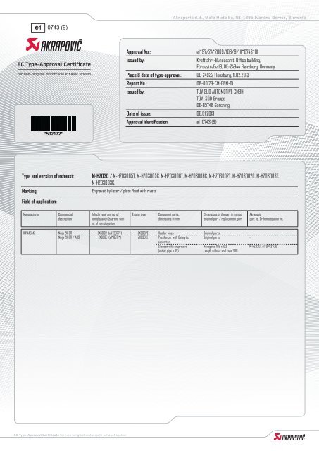 EC Type-Approval Certificate Approval No.: e1*97/24 ... - Akrapovic