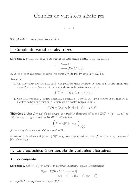 Couples de variables aléatoires Couples de variables aléatoires