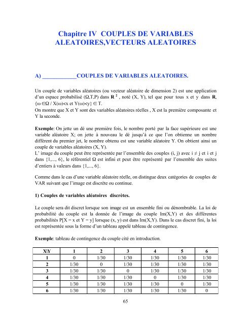 Chapitre IV COUPLES DE VARIABLES ALEATOIRES,VECTEURS ...
