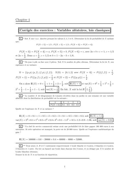 Chapitre 4 Corrigés des exercices : Variables aléatoires, lois ...