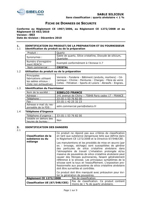 SABLE SILICEUX - Sibelco France