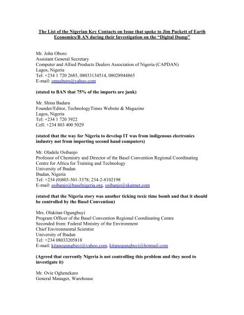 List of experts to contact in Nigeria