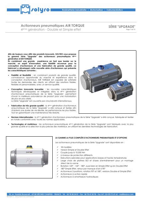 Actionneurs pneumatiques AIR TORQUE Série Upgrade - SOLYRO