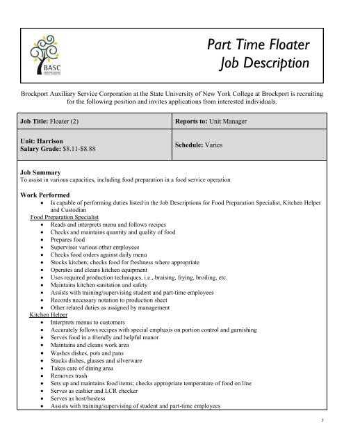 Part Time Floater Job Description - BASC