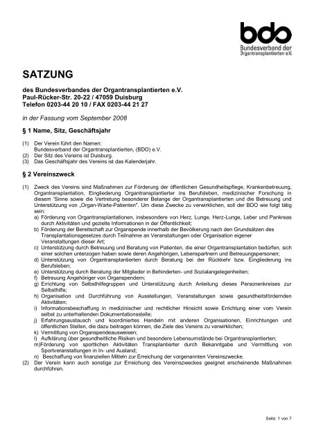 SATZUNG - Bundesverband der Organtransplantierten e.V.