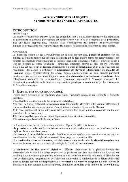 ACROSYNDROMES ALGIQUES : SYNDROME DE RAYNAUD ET ...