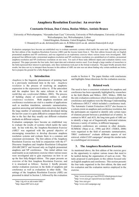 Anaphora Resolution Exercise: An overview