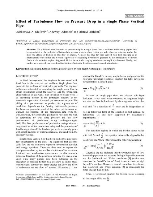 Effect of Turbulence Flow on Pressure Drop in a ... - Bentham Science