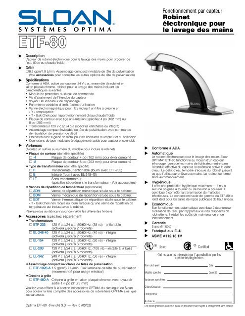 Optima ETF-80 Specification - Sloan Valve Company