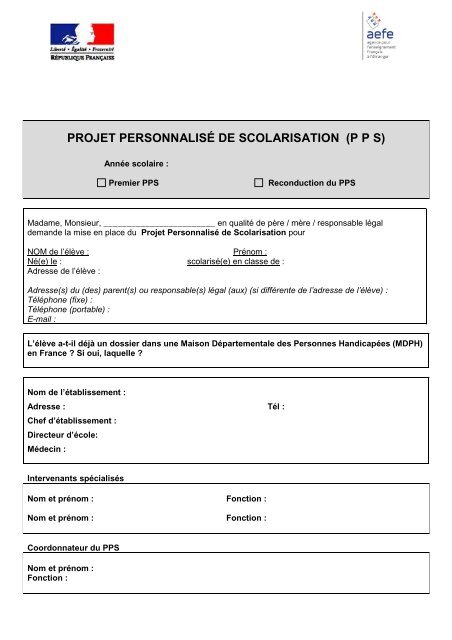 Projet Personnel de Scolarisation Service Pédagogique AEFE