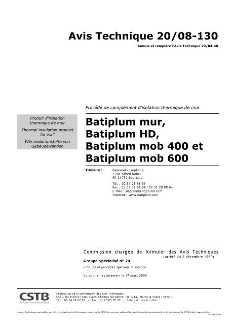 Avis Technique 20/08-130 Batiplum mur, Batiplum HD ... - CSTB