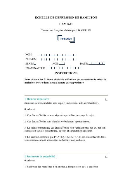 ECHELLE DE DEPRESSION DE HAMILTON