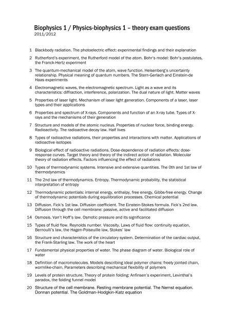 Biophysics 1 / Physics-biophysics 1 – theory exam questions