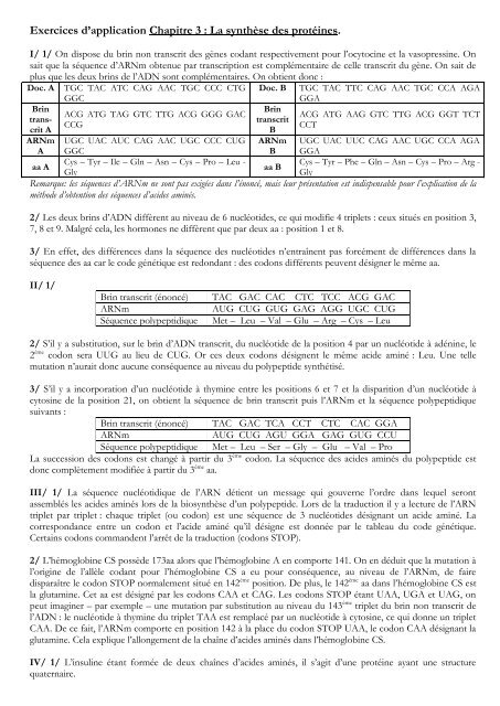 correction des exercices de genetique synthese proteique - SVT