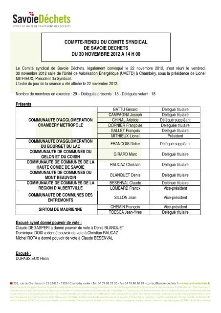 COMPTE-RENDU DU COMITE SYNDICAL DE ... - Savoie Déchets